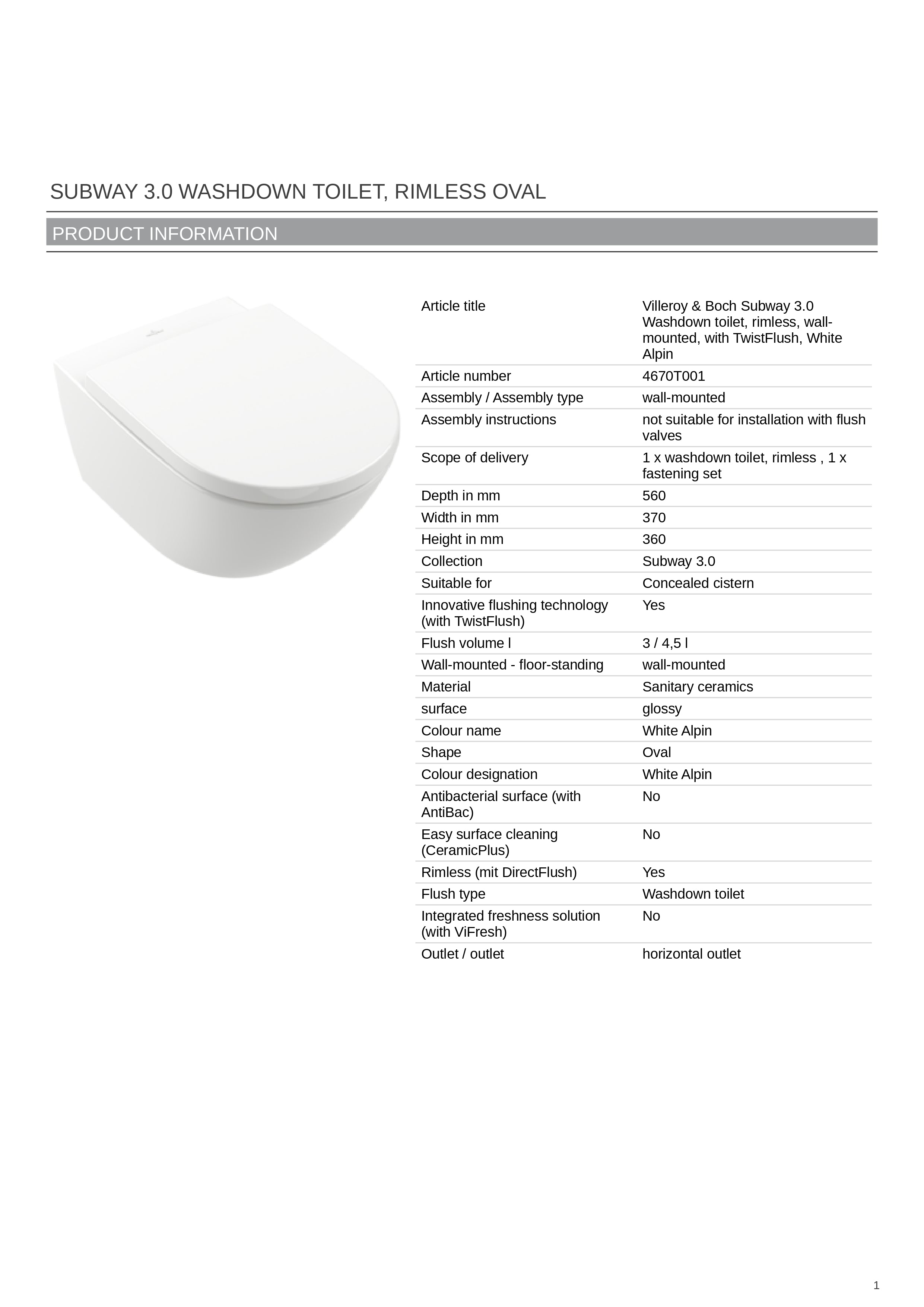 Villeroy & Boch "Subway 3.0" Wall Hung WC Art. 4670T001 + 9M78S101 ...
