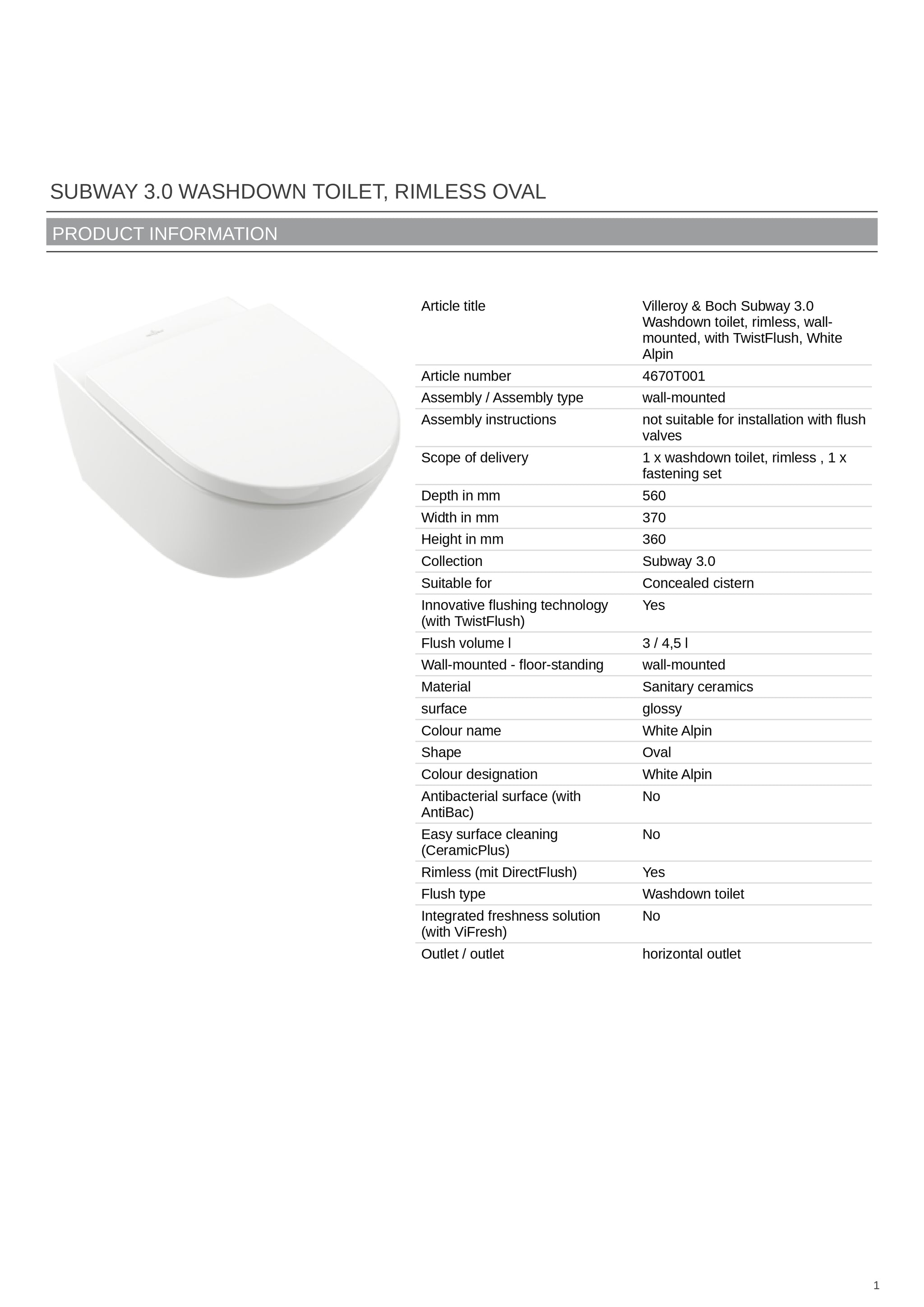 Villeroy & Boch "Subway 3.0" Wall Hung WC Art. 4670T001 + 9M78S101 ...