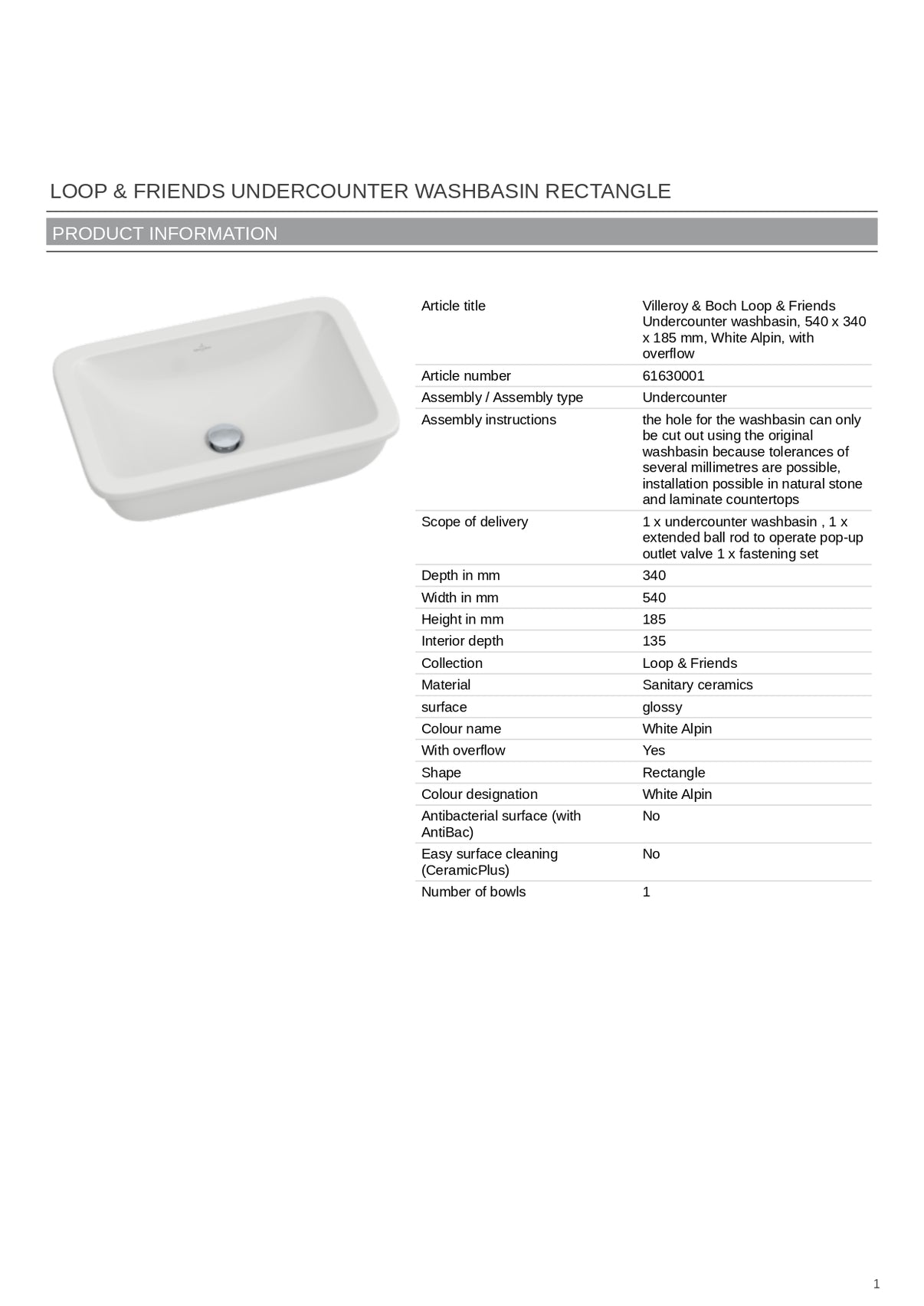 Villeroy & Boch "Loop & Friends" Under Counter Basin Art. 61630001 ...
